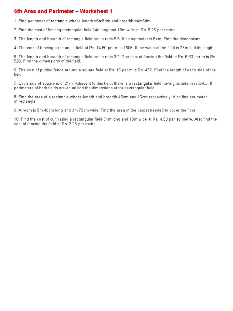 6th Area and Perimeter Worksheet 1 | PDF