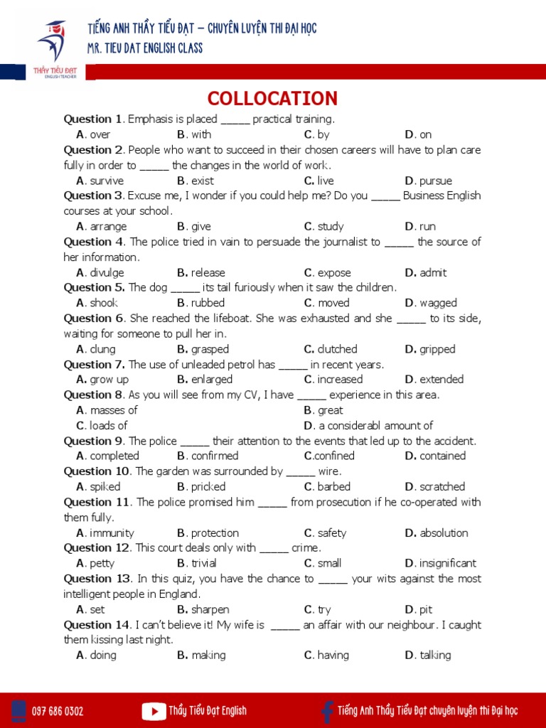 Collocation: Tiếng Anh Thầy Tiểu Đạt - Chuyên Luyện Thi Đại Học Mr. Tieu Dat English Class | PDF