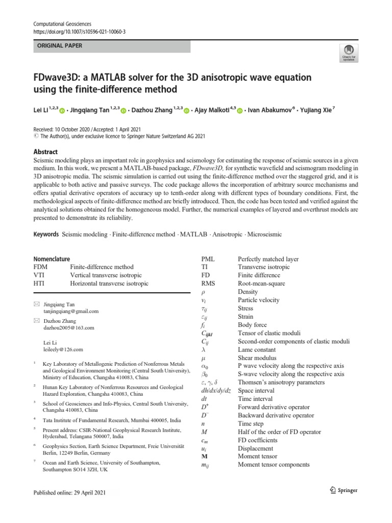 Fdwave3D: A Matlab Solver For The 3D Anisotropic Wave Equation Using The Finite-Difference ...