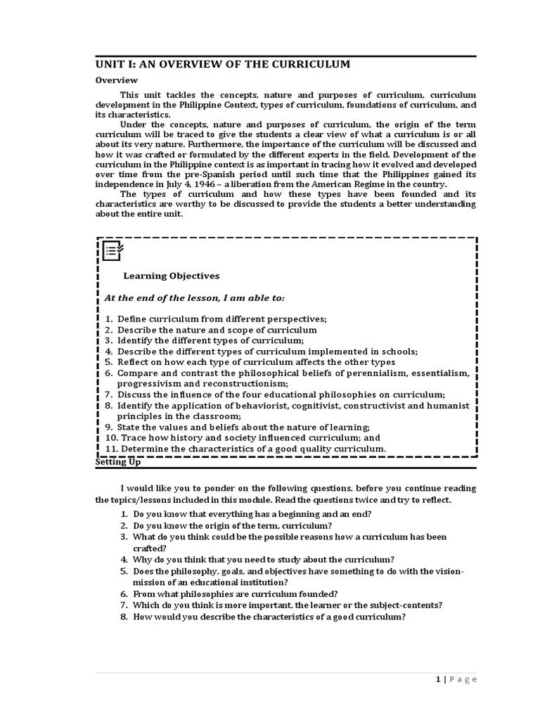 Unit I: An Overview of The Curriculum: Learning Objectives | PDF ...