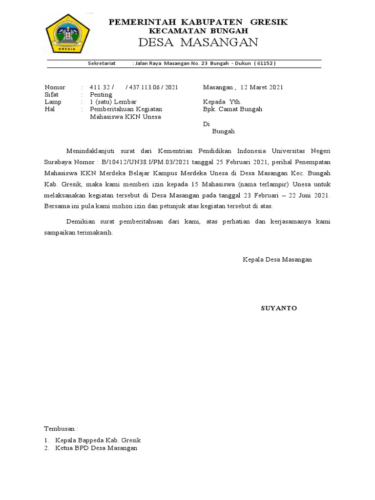 Surat KKN Unesa | PDF