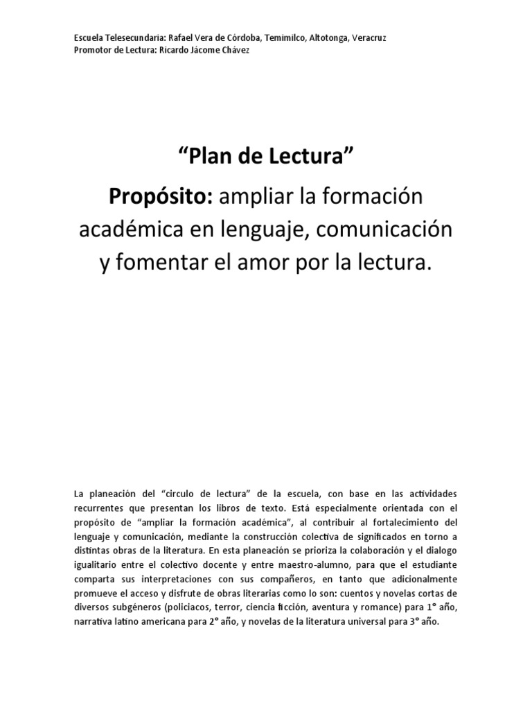 Plan de Lectura en Círculos de Lectura | PDF | Novelas | Aprendizaje