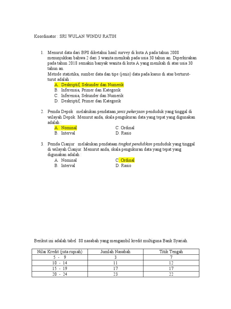 Contoh Soal UU Statistika 1 PSIKOLOGI Utk Vclass M13 | PDF