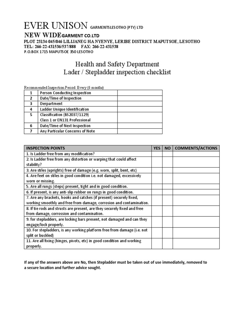 Ladder or Stepladder Inspection Checklist | PDF