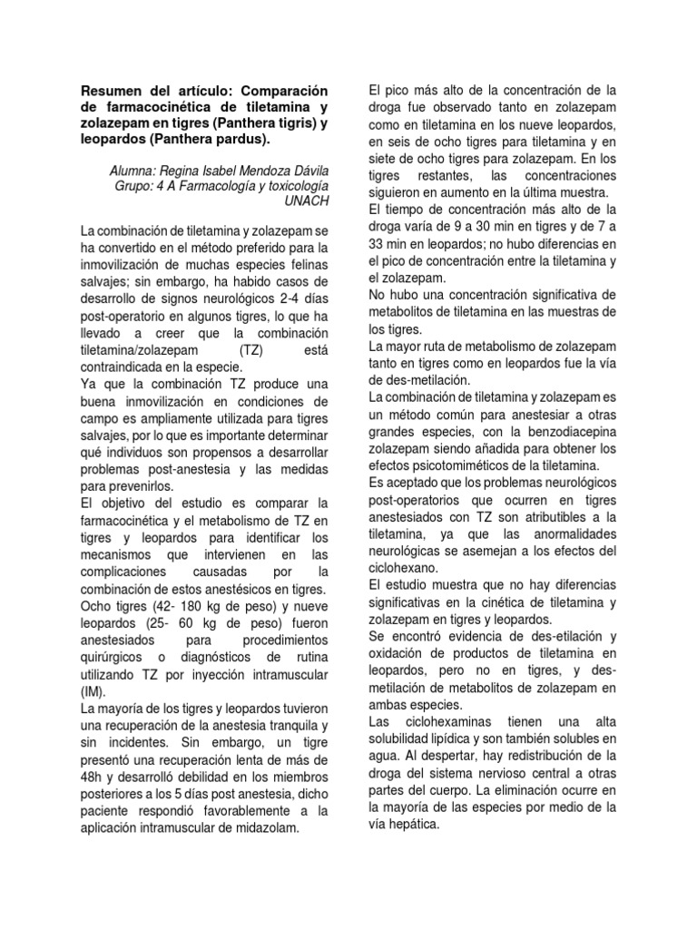 Tiletamina y Zolazepam en Tigres | PDF | Farmacología | Drogas