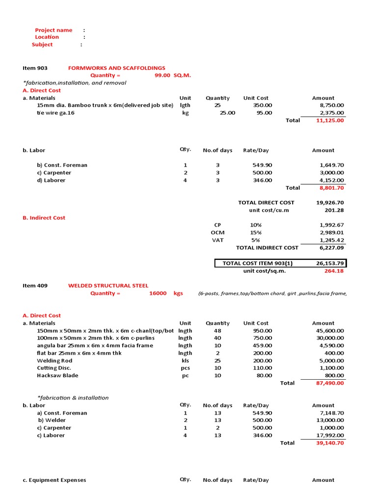 Cost Estimate for Covered Court Project | PDF | Industrial Processes ...