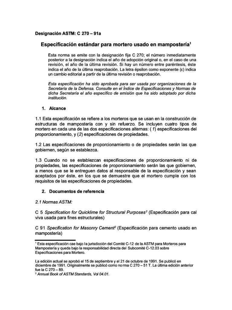 ASTM C270 - 91a | PDF | Cemento | Mortero (Albañilería)