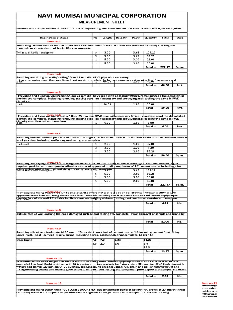 NMMC G Ward office renovation project measurement sheet | PDF | Pipe ...