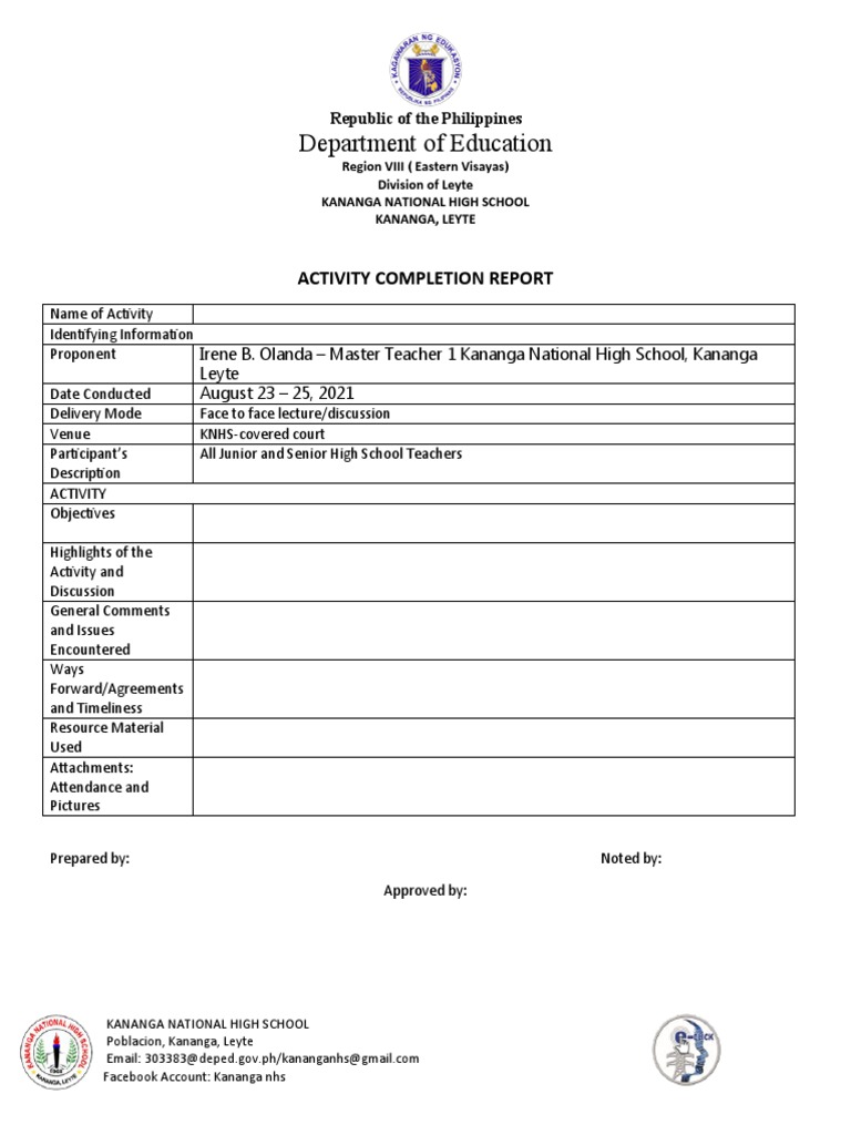 Department of Education: Activity Completion Report | PDF