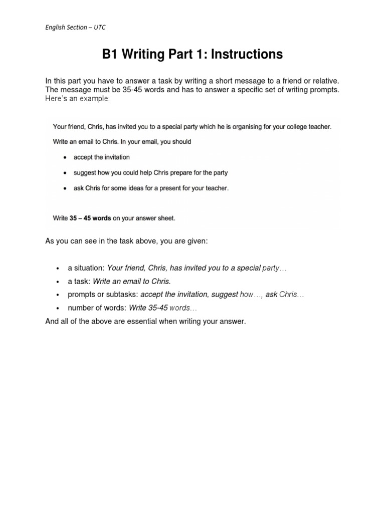 B1 Writing Part 1: Instructions: English Section - UTC | PDF
