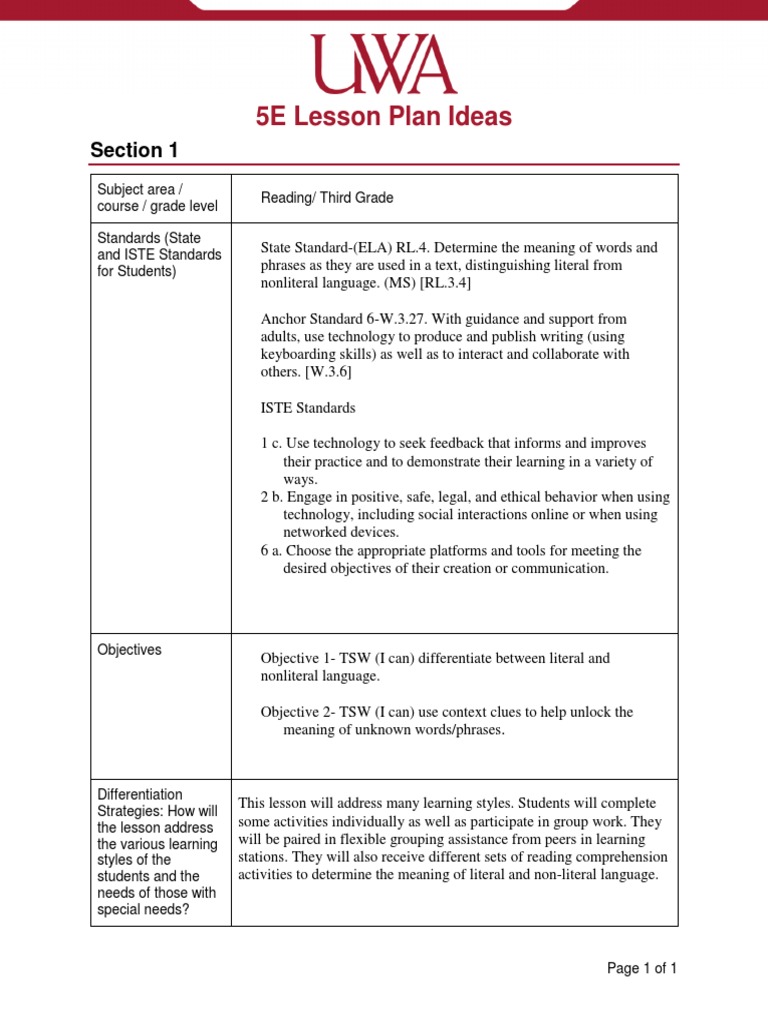 5E Lesson Plan Ideas: Section 1 | PDF | Reading Comprehension | Rubric ...