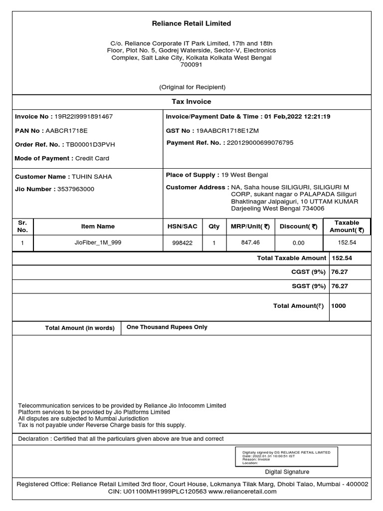 Reliance Retail Limited: Total Amount (In Words) One Thousand Rupees ...