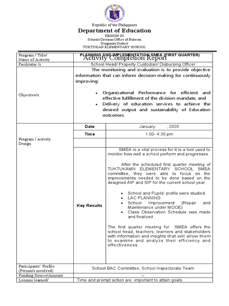 Activity Completion Report: Department of Education | PDF | Monitoring ...