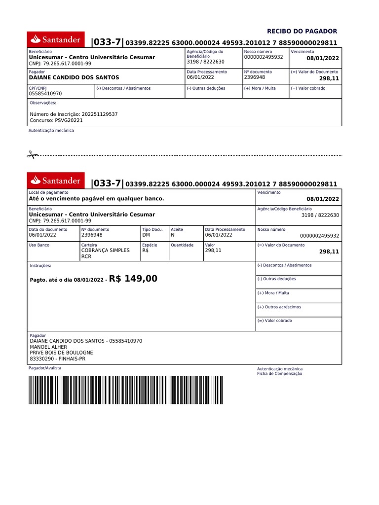 Recibo de pagamento de mensalidade escolar emitido pela Unicesumar para Daiane Candido dos ...