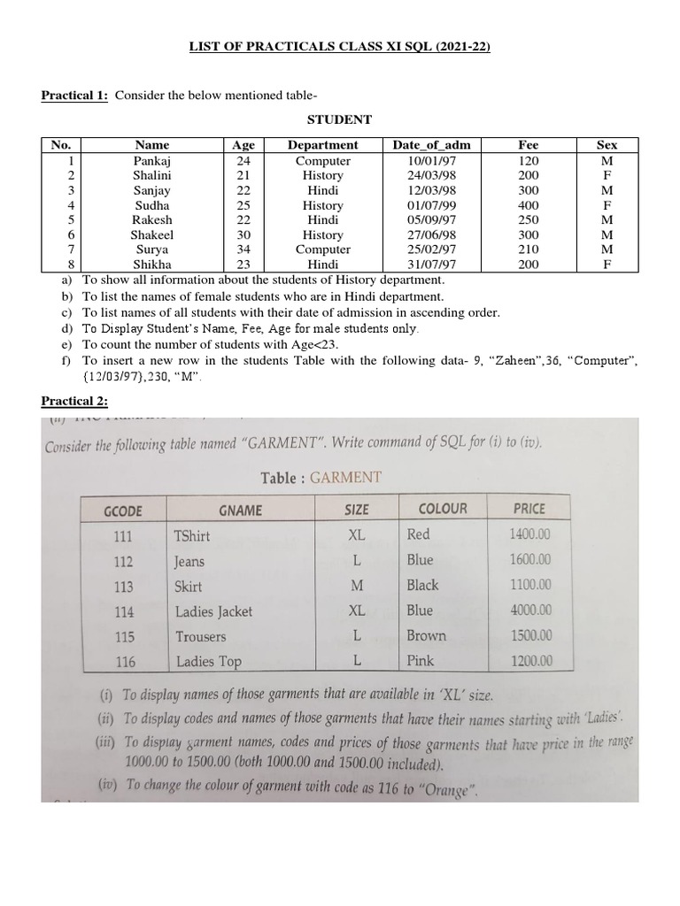 List of Practicals Class Xi (SQL) | PDF