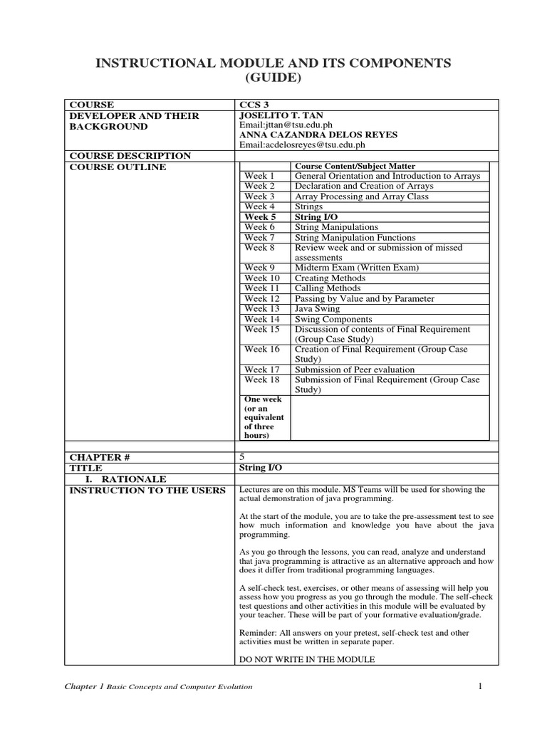 Instructional Module and Its Components (Guide) : Course Ccs 3 Developer and Their Background ...