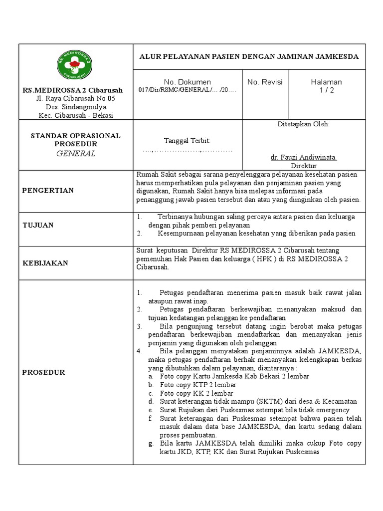 017 SOP Pelayanan Pasien Masuk Jamninan JAMKESDA | PDF