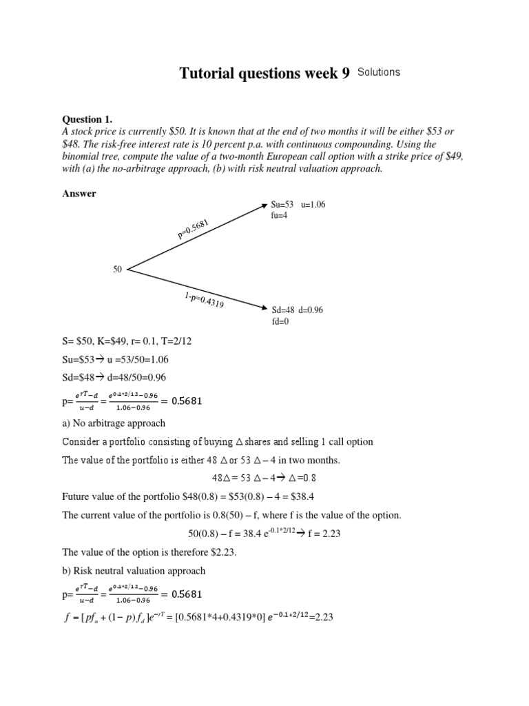 Tutorial Solutions Week 9 | PDF | Option (Finance) | Money