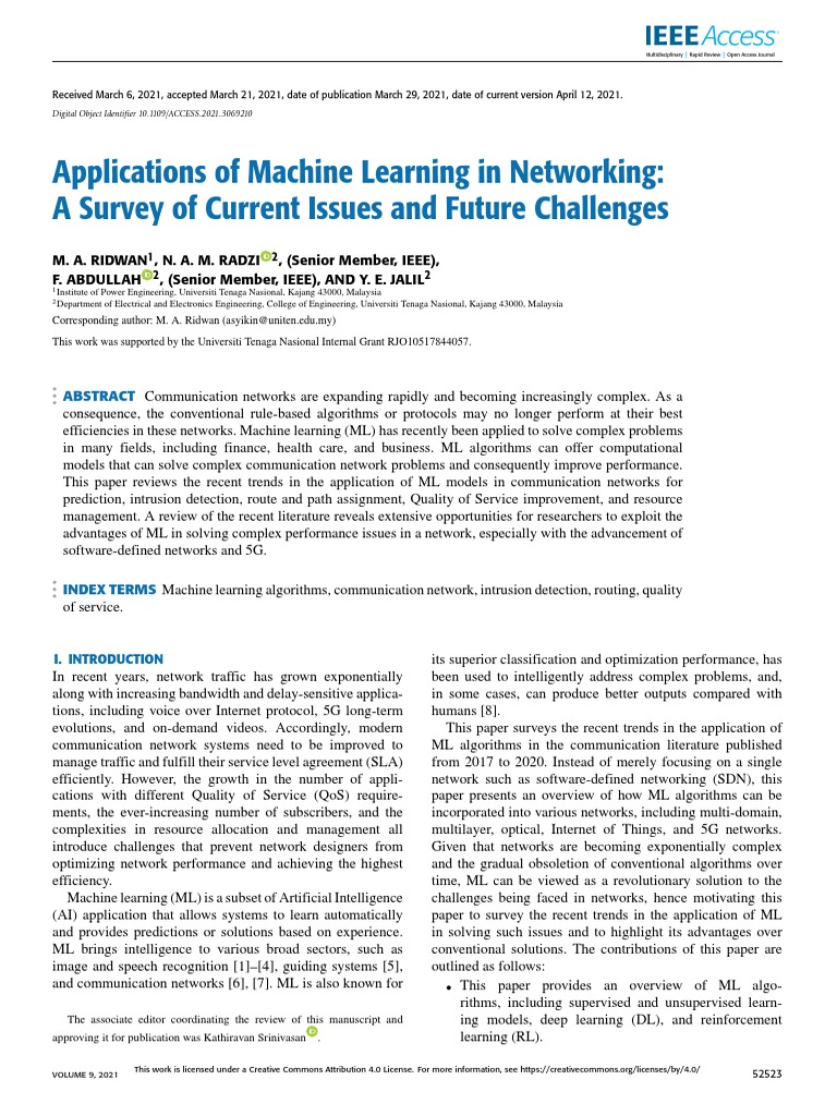 Applications of Machine Learning in Networking A Survey of Current Issues and Future Challenges ...