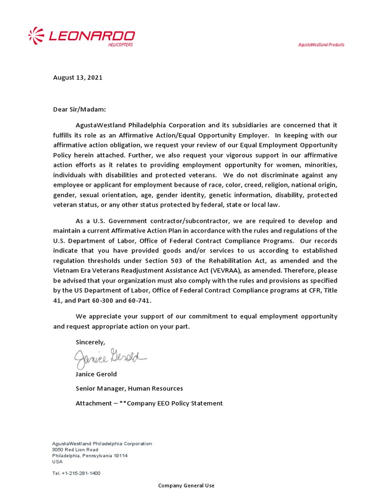 Vendor Supplier Certification Letter - 2021 (Signed With EEO) | PDF ...