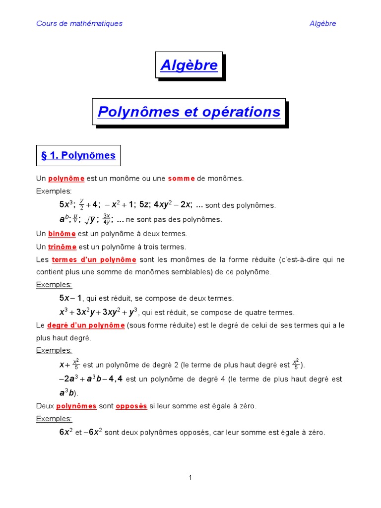 Algebre 5 Polynomes Et Operations | PDF | Polynôme | Multiplication