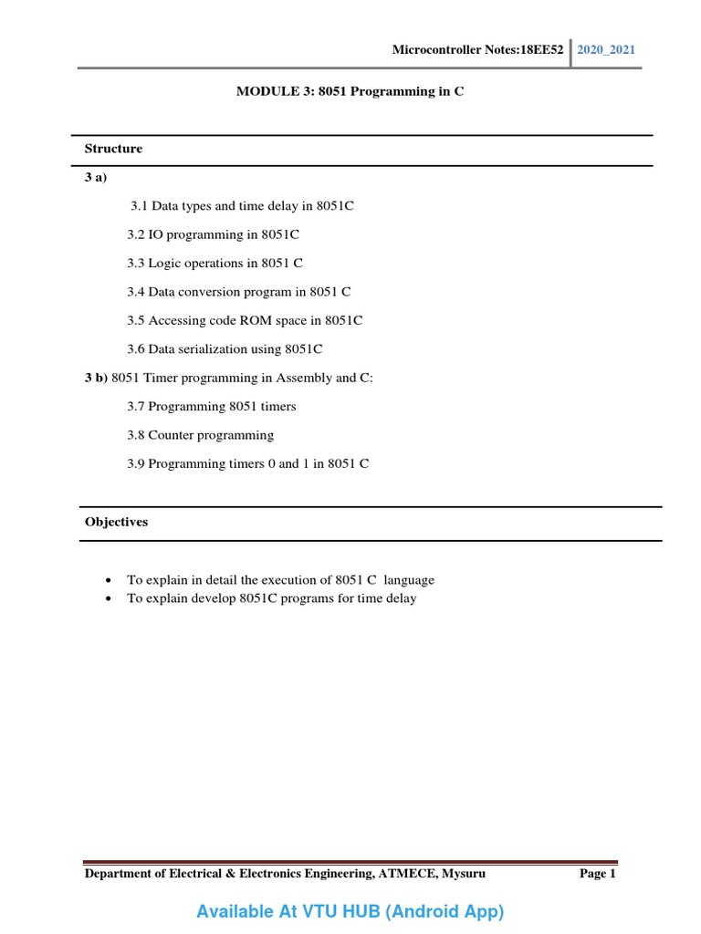 MODULE 3: 8051 Programming in C: Microcontroller Notes:18EE52 | PDF ...