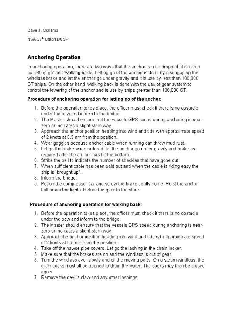 Anchoring Operation: Procedure of Anchoring Operation For Letting Go of ...