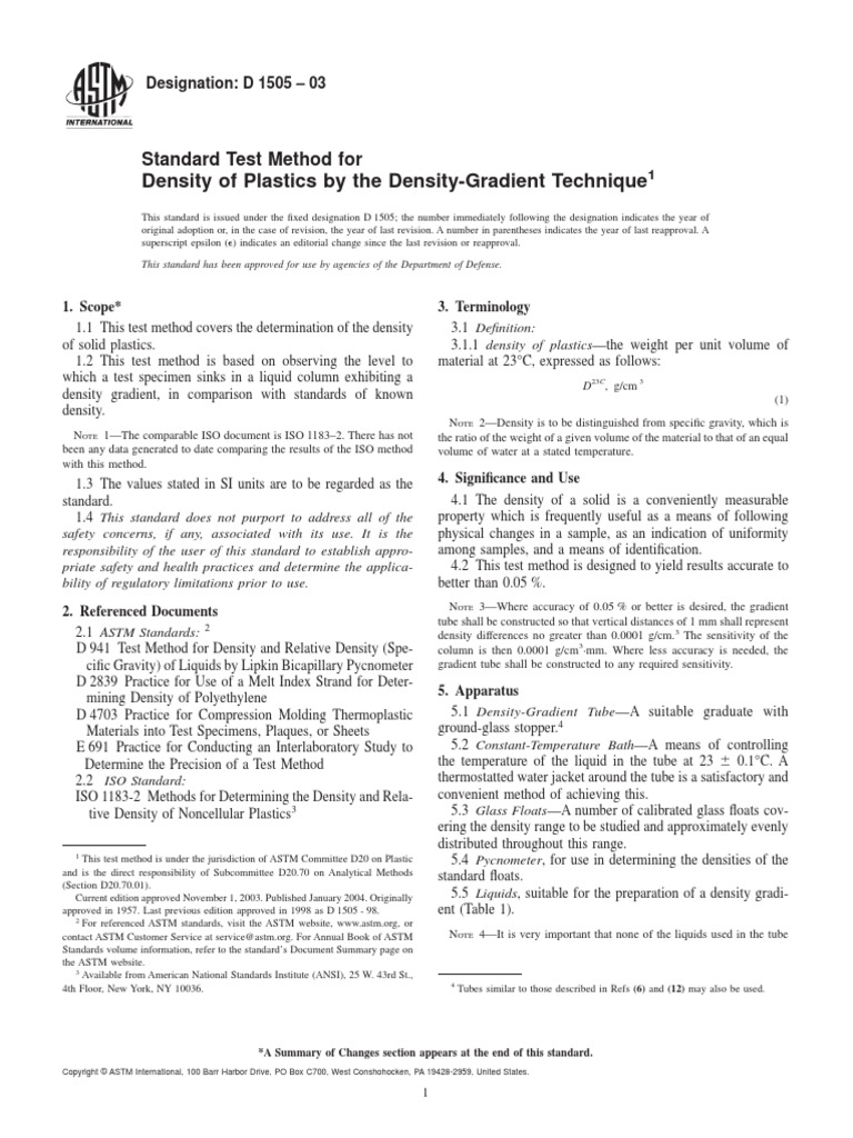 Density of Plastics by The Density-Gradient Technique: Standard Test ...