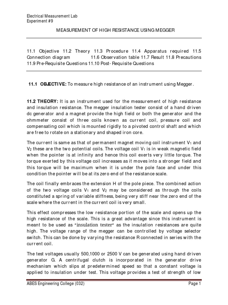 Insulation Resistance Measurement with Megger | PDF | Inductor ...
