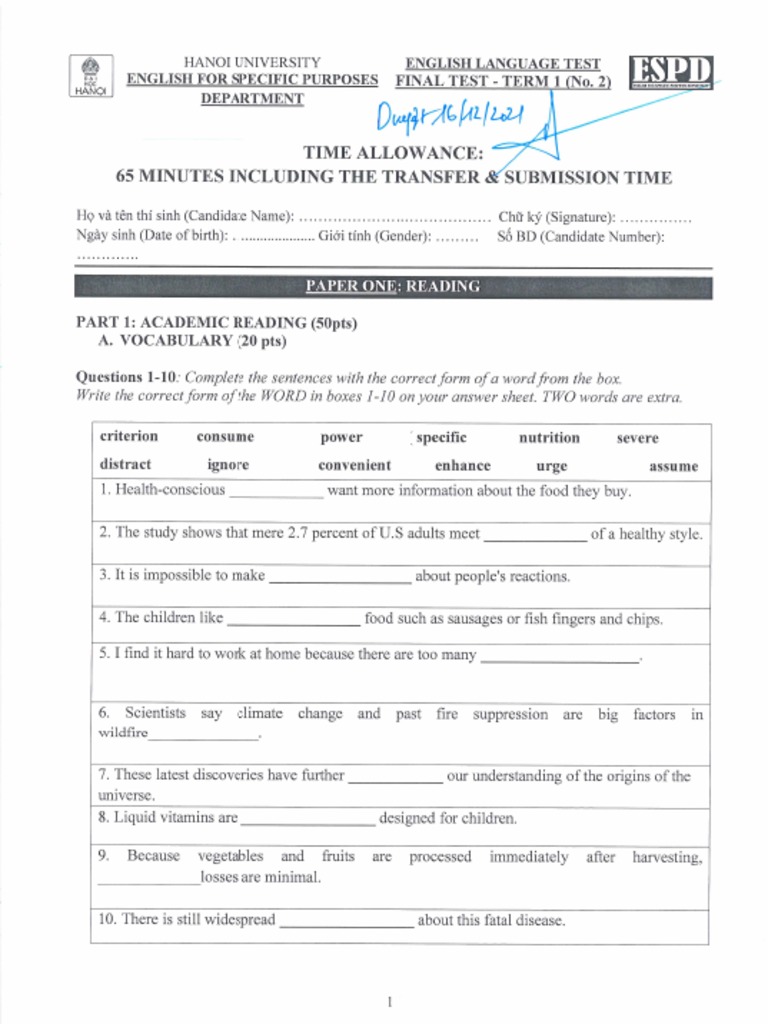 27-28. Espd - Approved Final Reading Test - Term 1 - K2021 | PDF