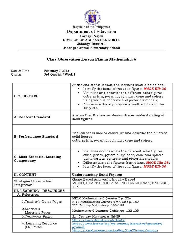 Department of Education: Class Observation Lesson Plan in Mathematics 6 ...