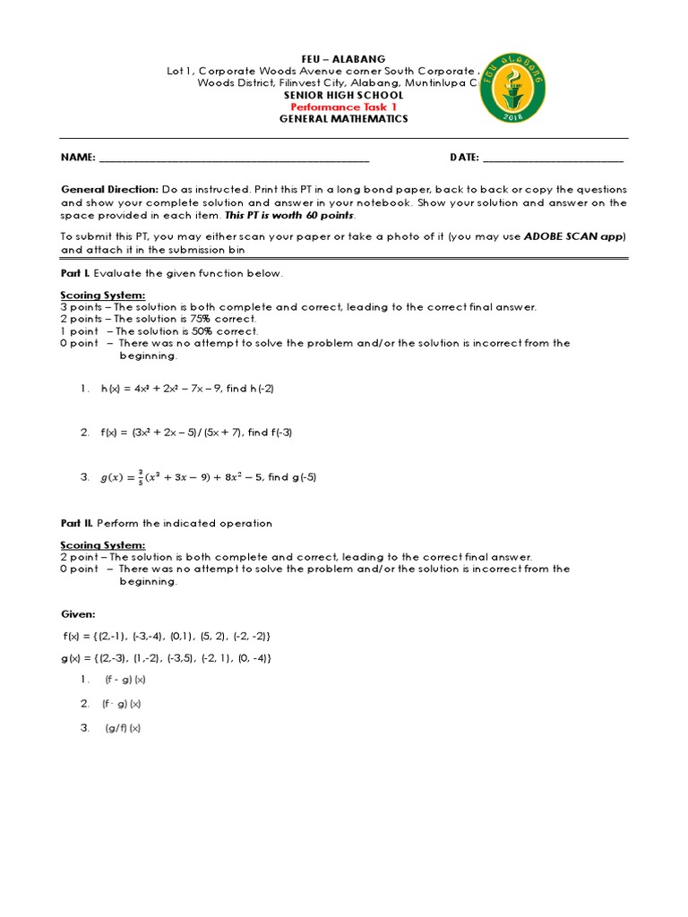 General Mathematics Performance Task 1 | PDF | Mathematics | Cognition