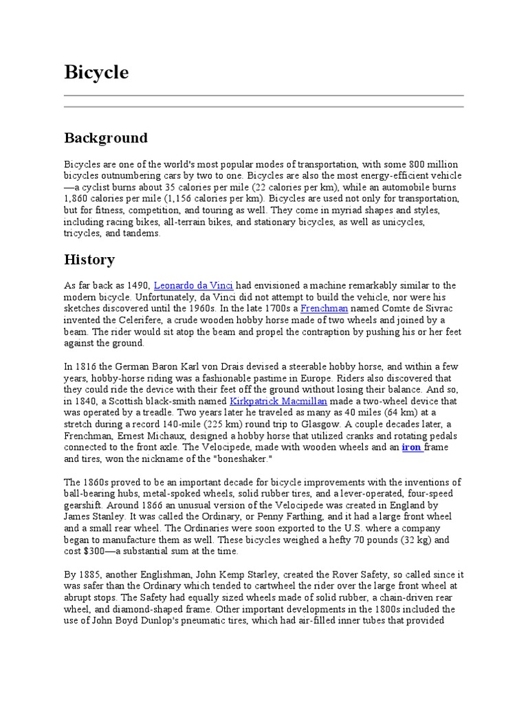 Bicycle: Background | PDF | Human Powered Vehicles | Cycle Types