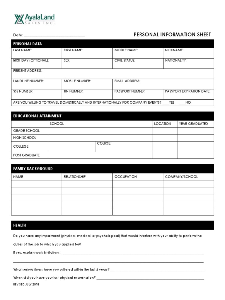 Personal Information Sheet | PDF