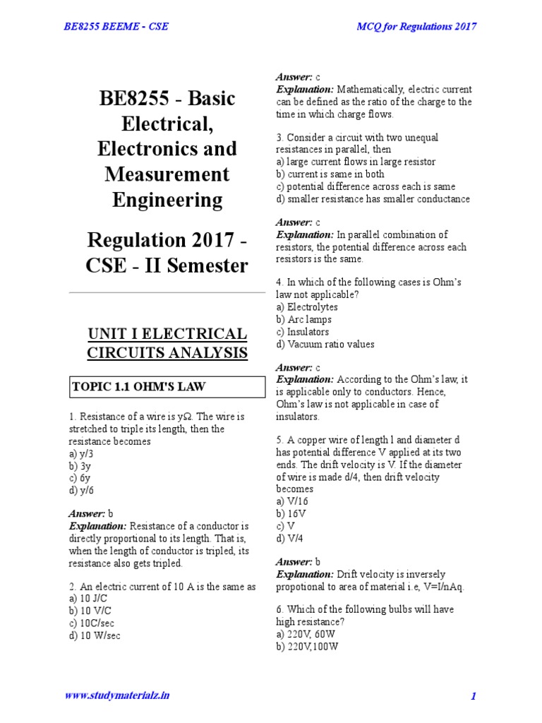 BE8255 BEEME MCQ For All Units | PDF | Series And Parallel Circuits | Electrical Resistance And ...