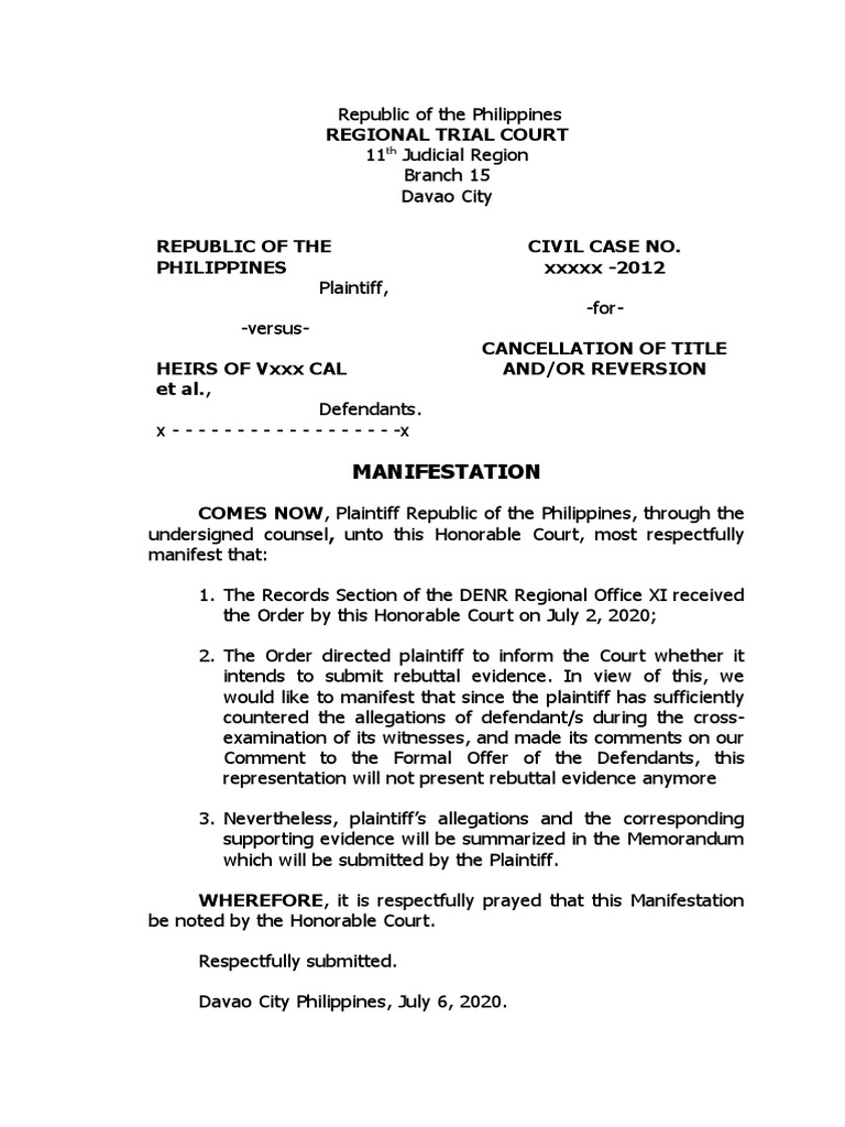 Legal Forms Manifestation Republic of The Philippines Vs CAL | PDF ...