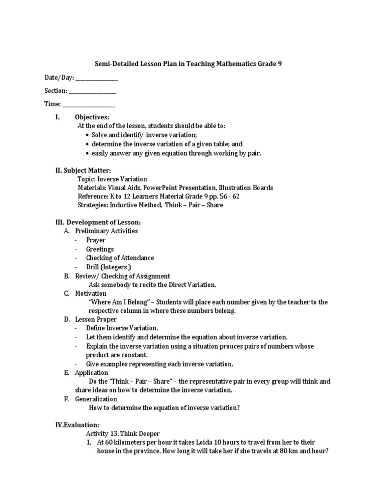 Semi-Detailed Lesson Plan in Teaching Mathematics Grade 9 | PDF ...