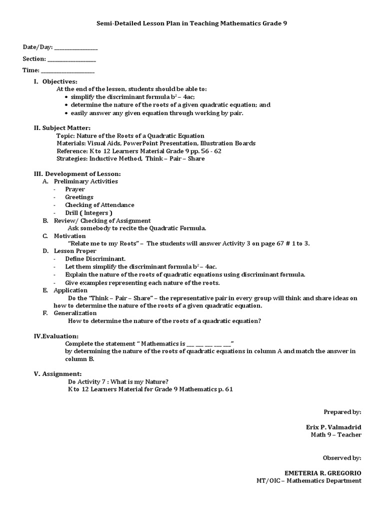Semi-Detailed Lesson Plan in Teaching Mathematics Grade 9 | PDF ...