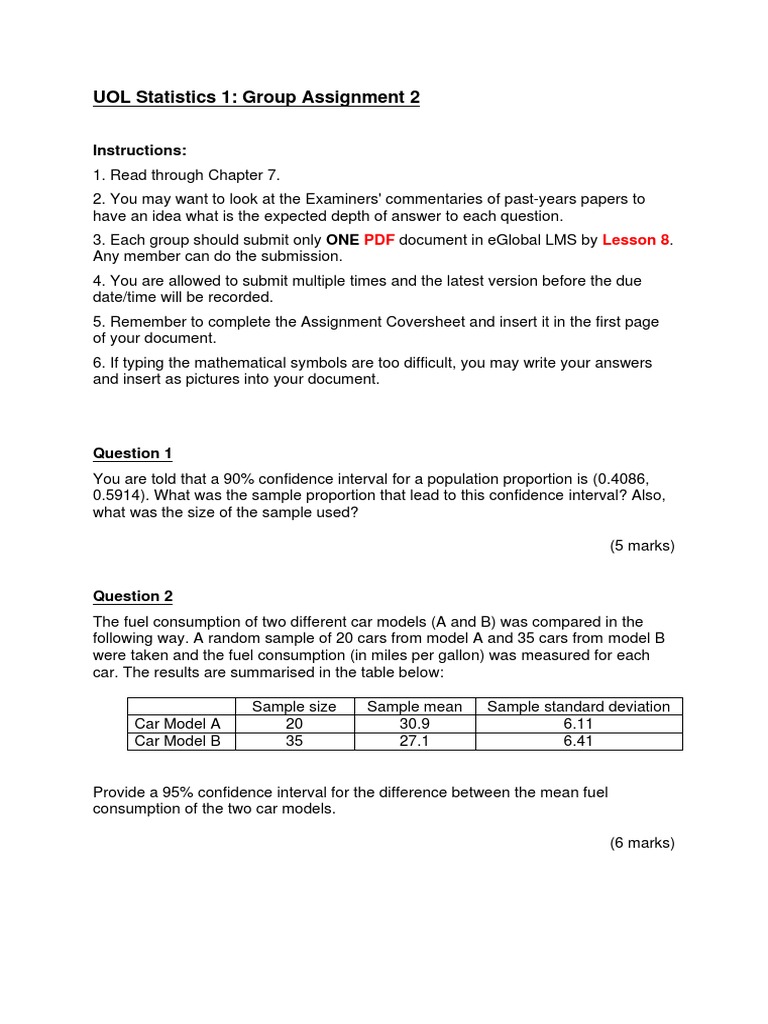 UOL Statistics 1: Group Assignment 2: Instructions | PDF | Fuel ...
