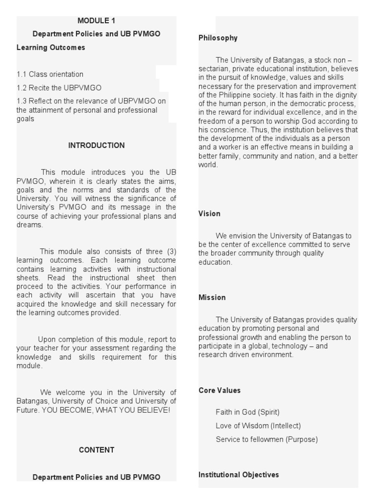 Department Policies and UB PVMGO Learning Outcomes Philosophy | PDF ...