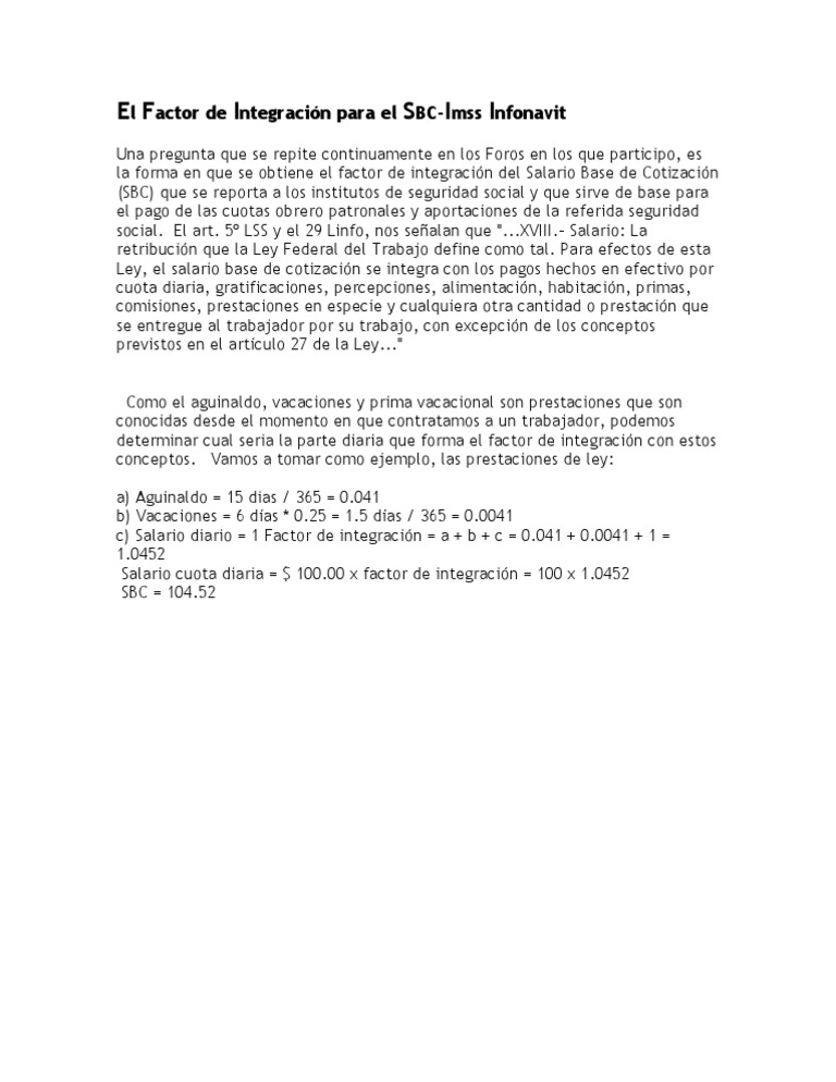 Factor de Integración SBC-IMSS 2024 | PDF