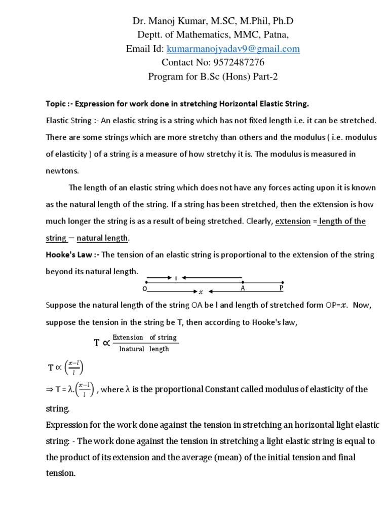 Expression For Work Done in Stretching Horizontal Elastic String. | PDF ...