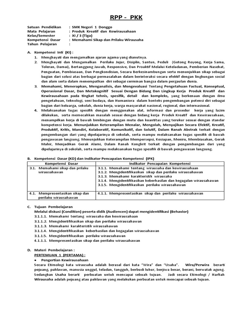 RPP - PKK | PDF | Bisnis | Pengembangan Diri