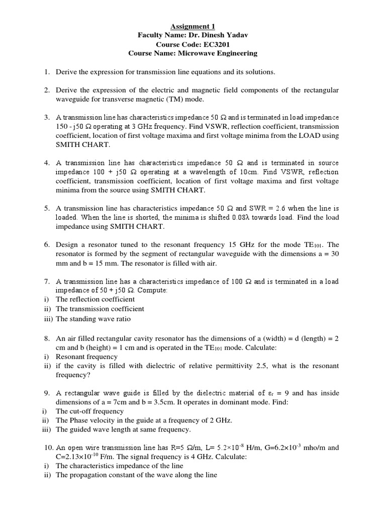 Assignment 1 - EC3201 - Microwave Engineering | PDF | Transmission Line ...