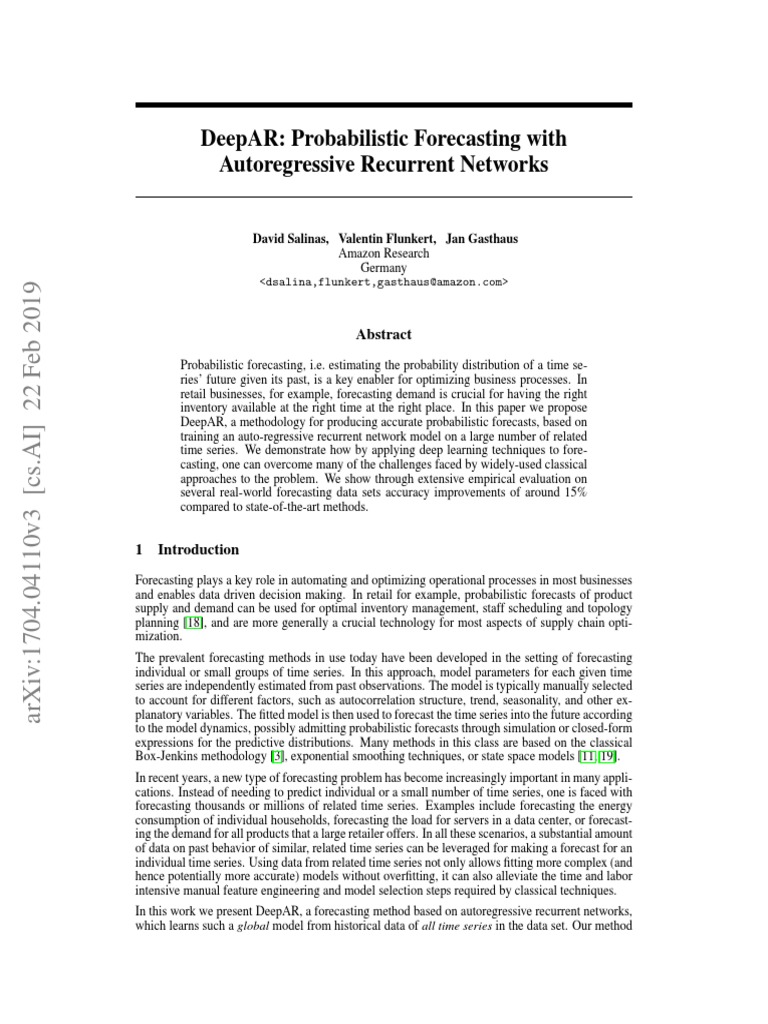 Deepar: Probabilistic Forecasting With Autoregressive Recurrent Networks | Download Free PDF ...