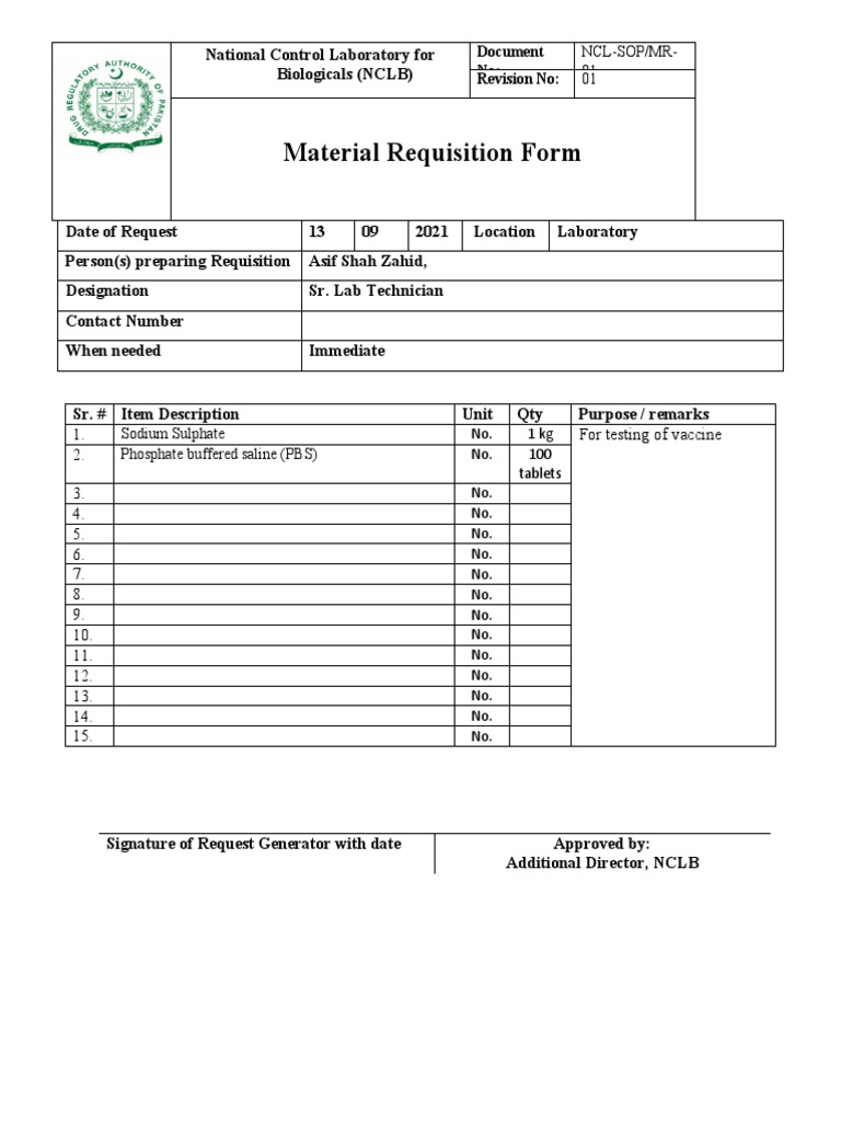 Lab Material Requisition Form | PDF