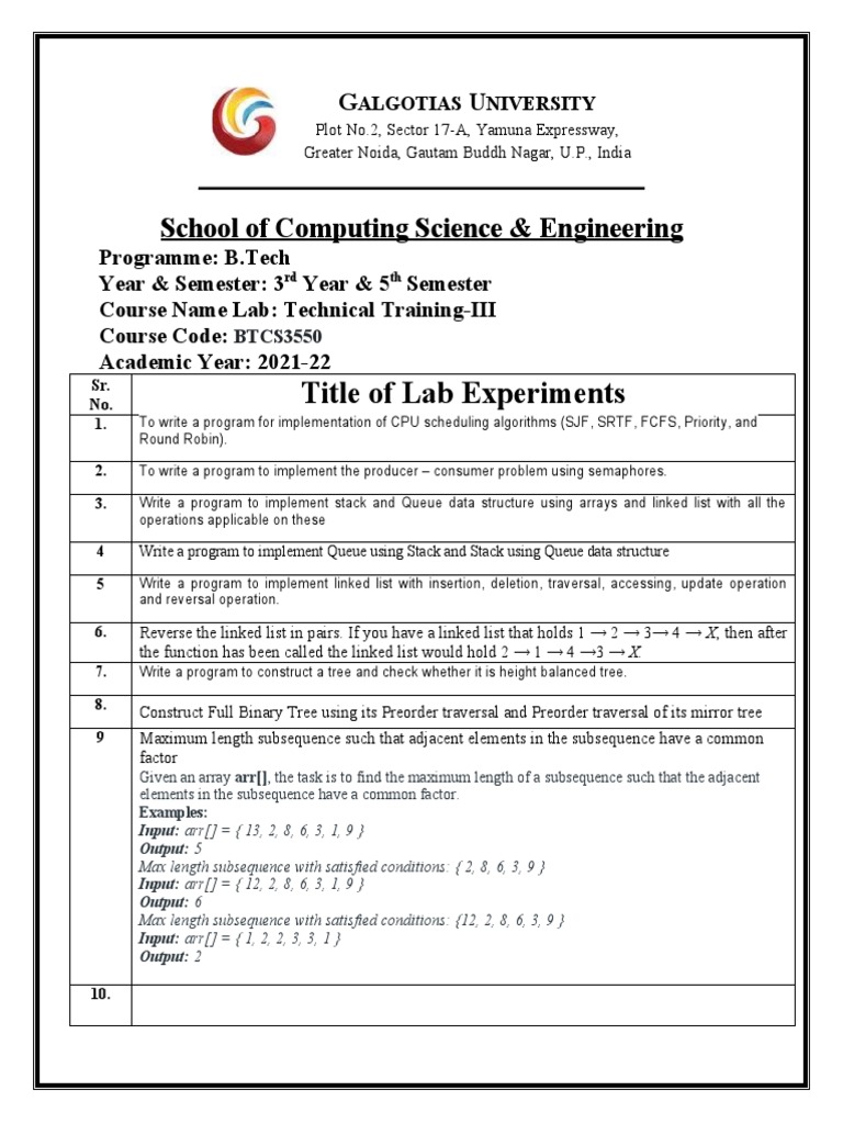 Title of Lab Experiments: School of Computing Science & Engineering ...