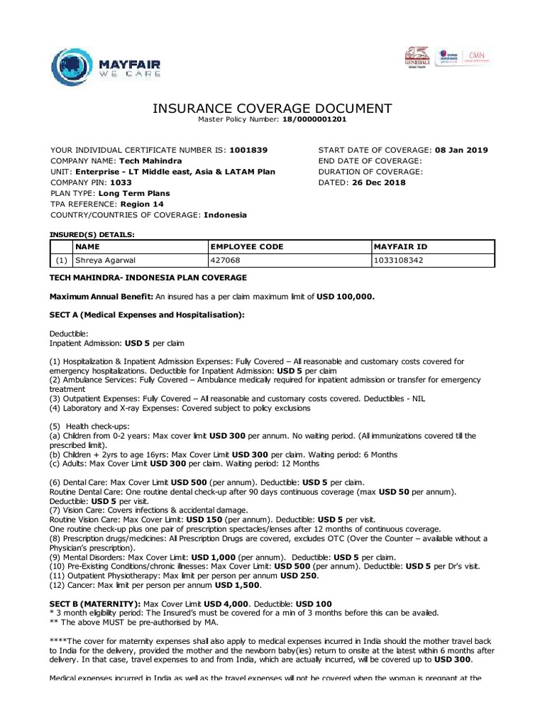 Insurance Coverage Document: Name Employee Code Mayfair Id | PDF ...
