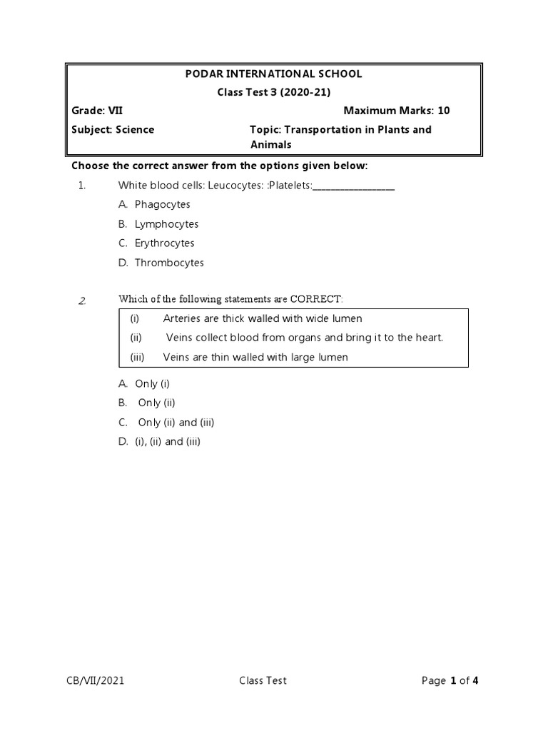 Class Test 3 | Download Free PDF | Circulatory System | Clinical Medicine