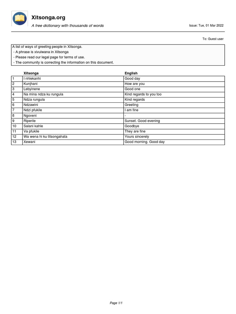 Xitsonga Greetings and Responses Guide | PDF